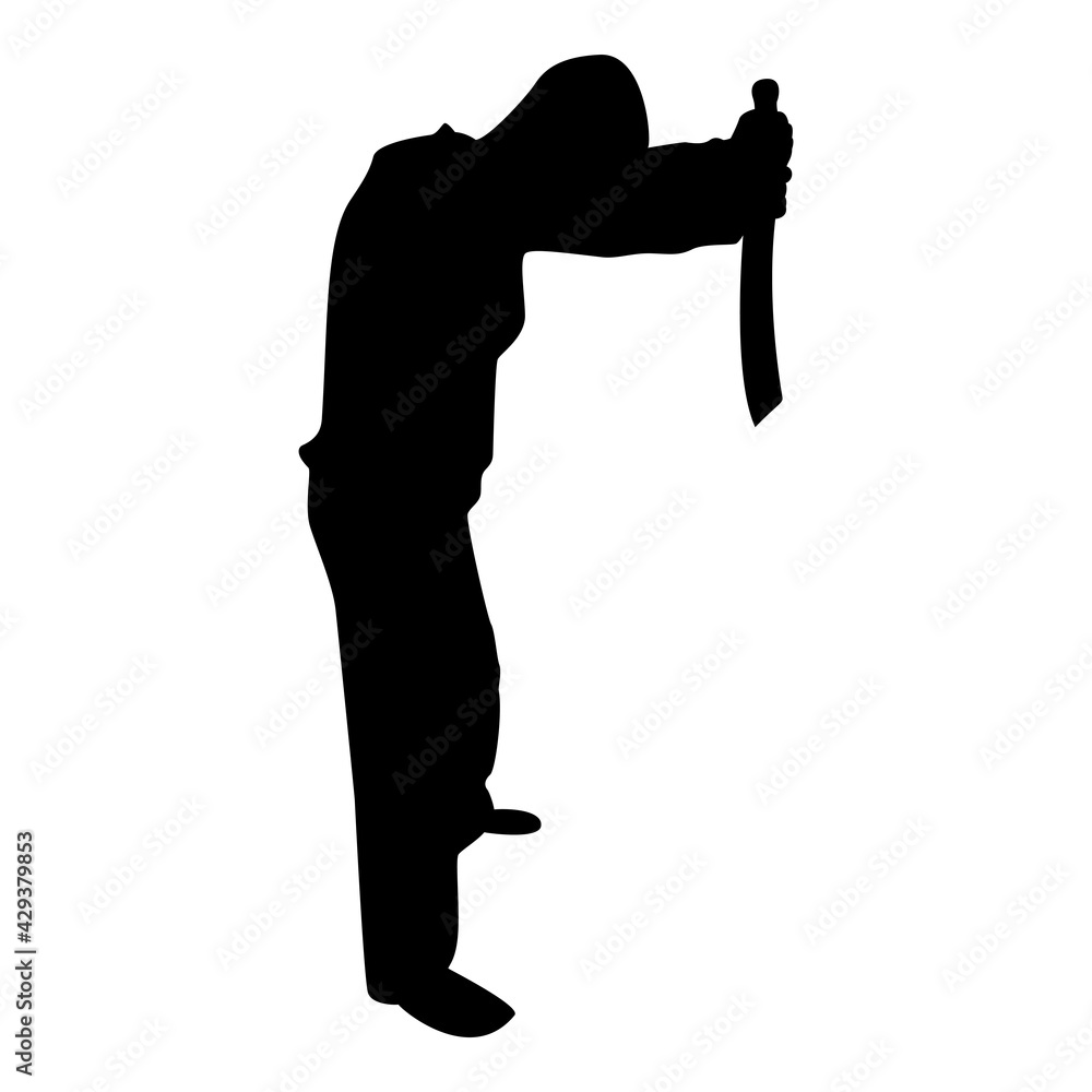 Silhouette man with sword machete from above cold weapons in hand ...