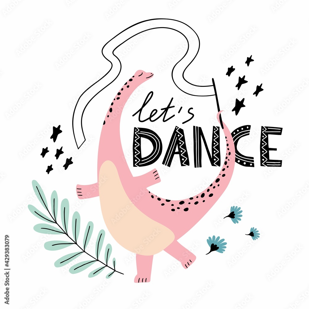 Dancing dino girl with ribbon. Cute little dinosaur. Let's dance ...