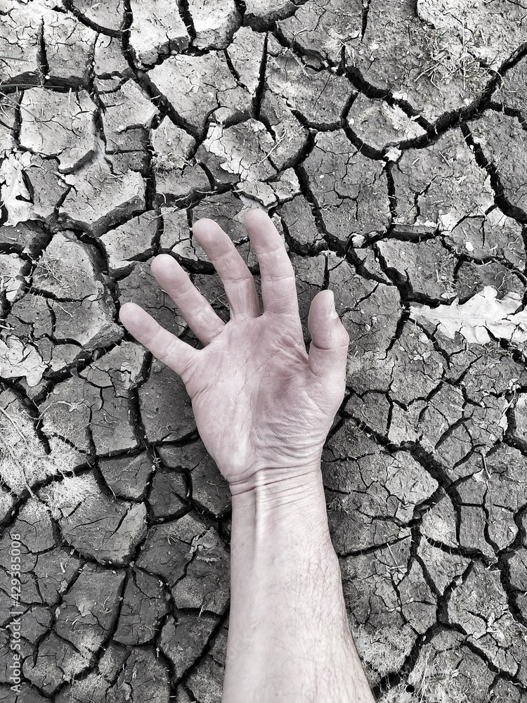 Limp and lifeless human hand in famine or drought conditions Stock ...