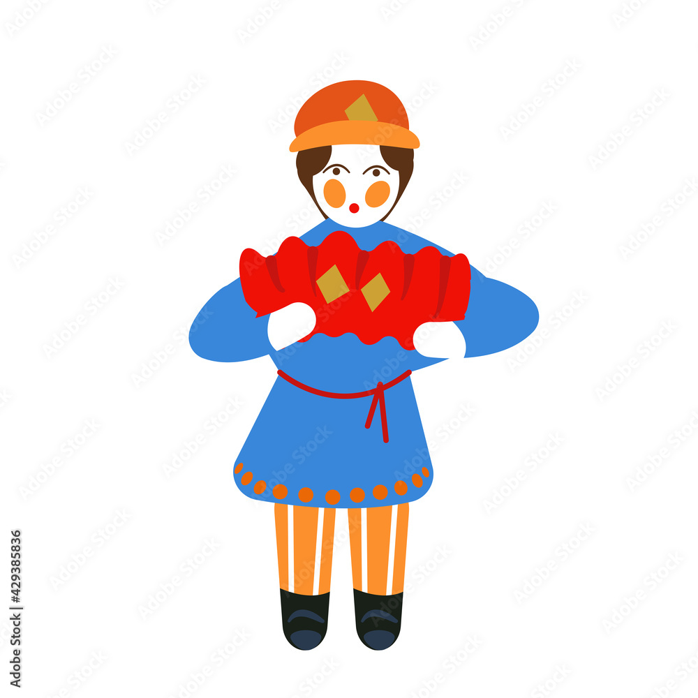 Vector toy man playing the accordion in the national Russian Dymkov ...