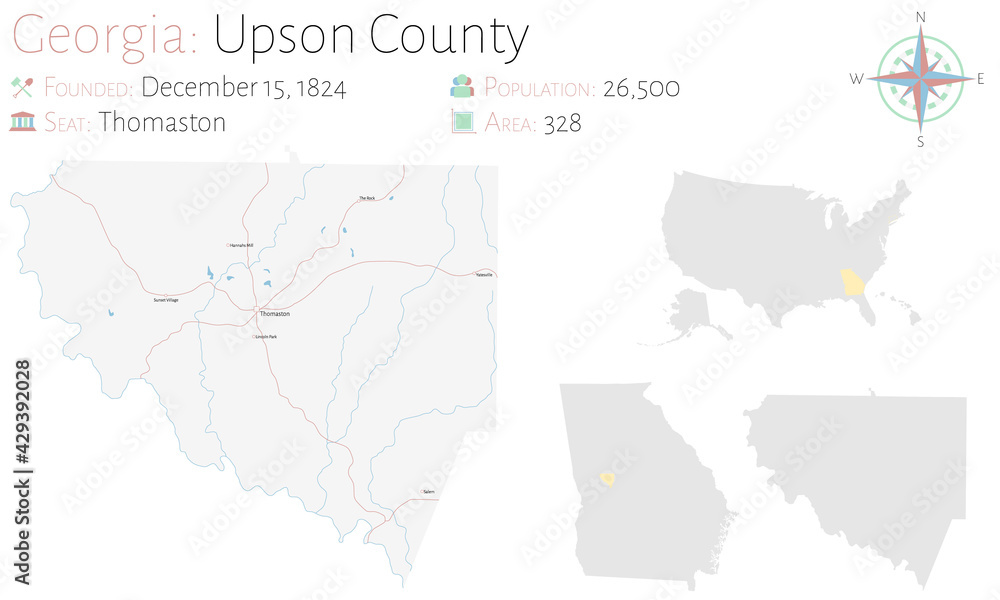 Large and detailed map of Upson county in Georgia, USA. Stock Vector ...