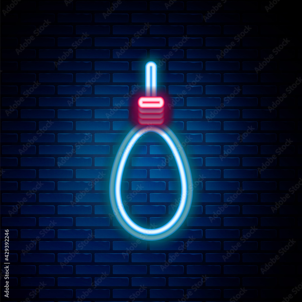 Glowing neon line Gallows rope loop hanging icon isolated on brick wall background. Rope tied ...