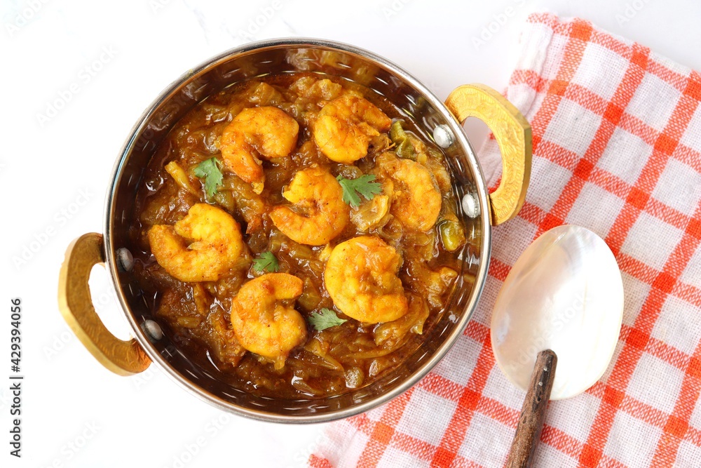 Indian food- Prawns masala or shrimp curry. Also known as Kolambi che ...