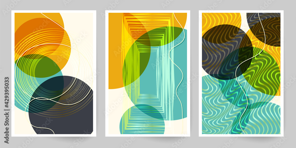 60s art canvas. Set of geometric shapes and lines. Imitation watercolor ...