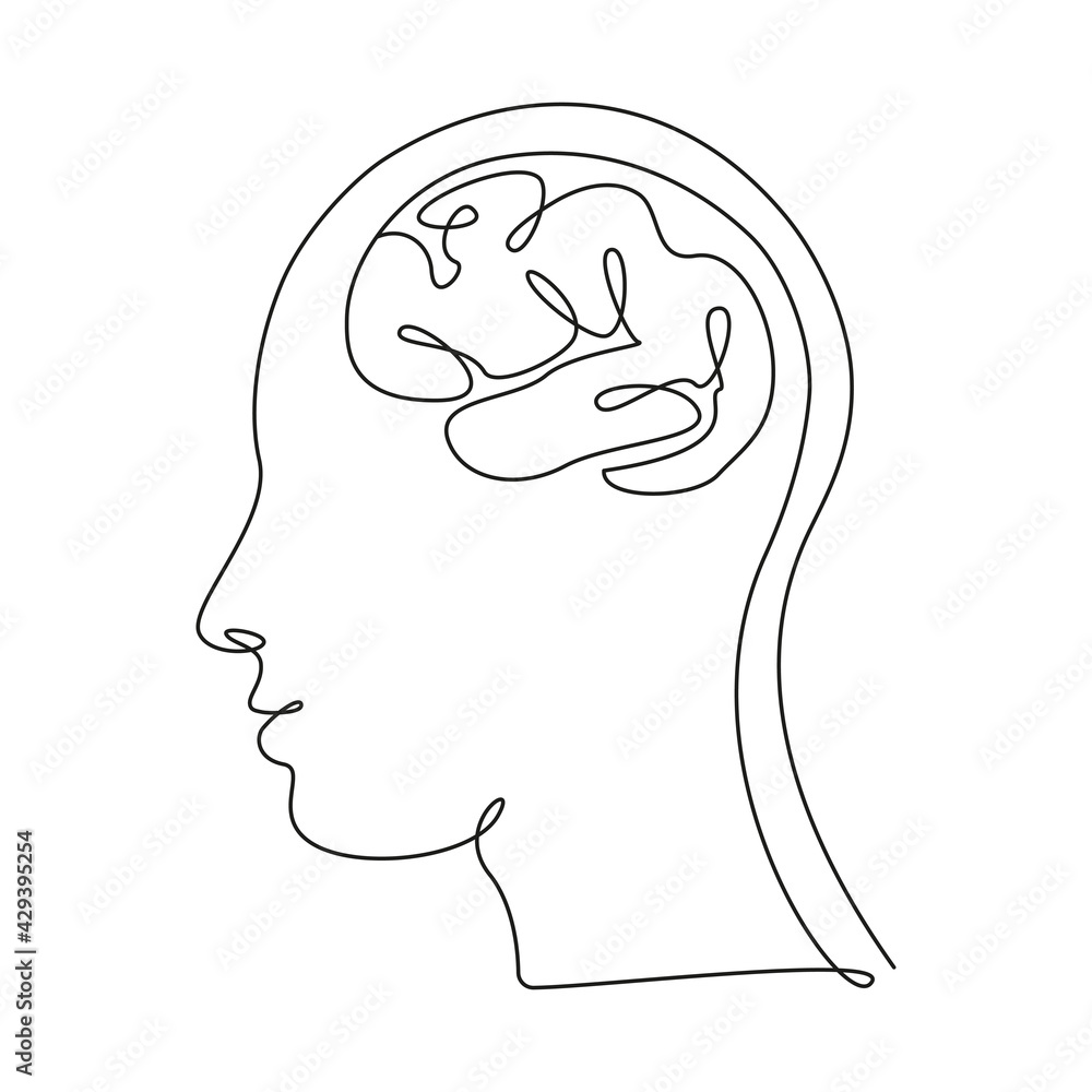 Human head and big brain in one line art style. Continuous drawing ...