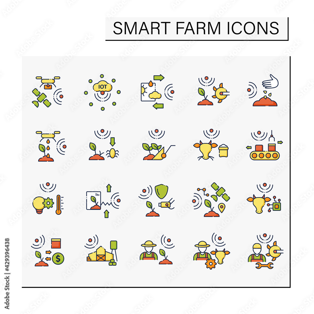Smart farm color icons set. Consist of IOT sensors, soil tilling ...