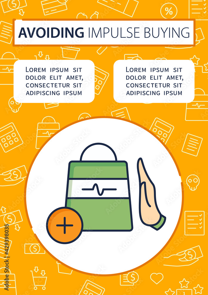 Not impulsive shopping brochure. Avoiding impulse buying.Thoughtful ...