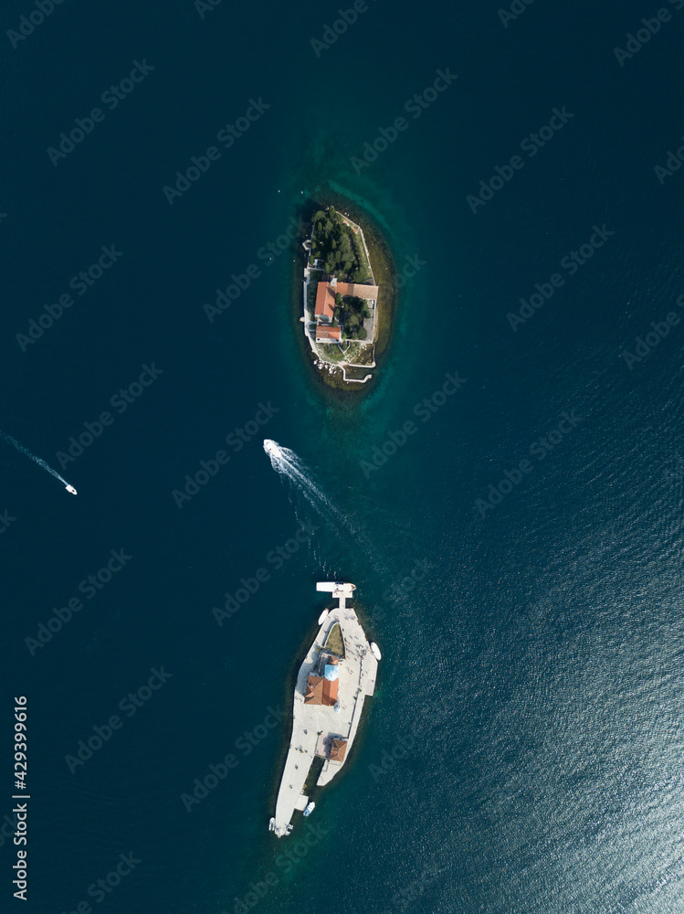 Aerial view of Island of St George (Sveti Dorde) and Our Lady of the ...