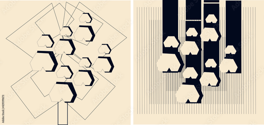The apple tree is depicted in vector graphics. Many Straight lines ...