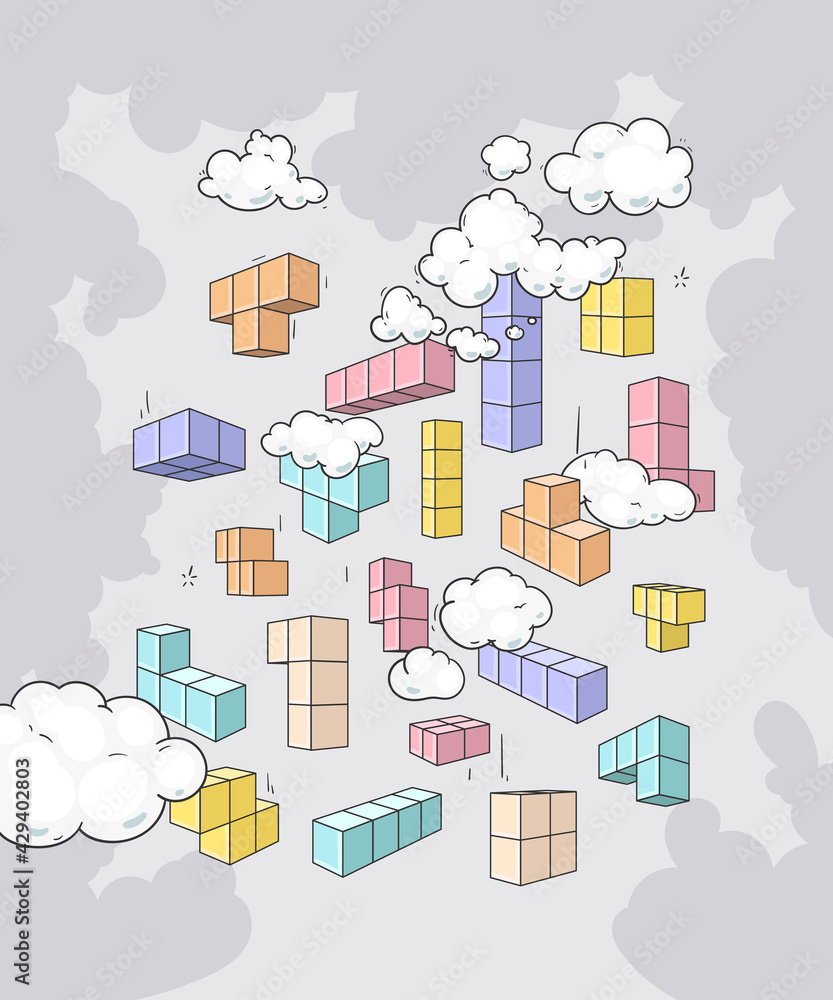 Cartoon building colored block game and clouds. Vector illustration ...