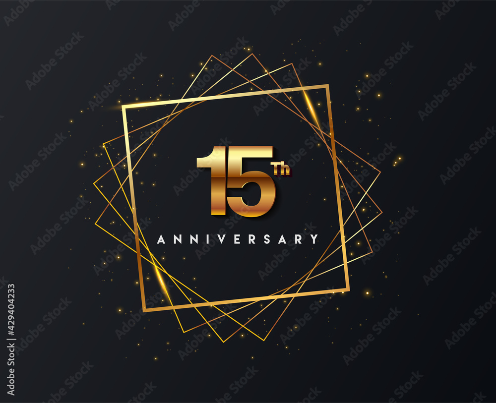 15th anniversary logo with confetti and golden frame isolated on black ...