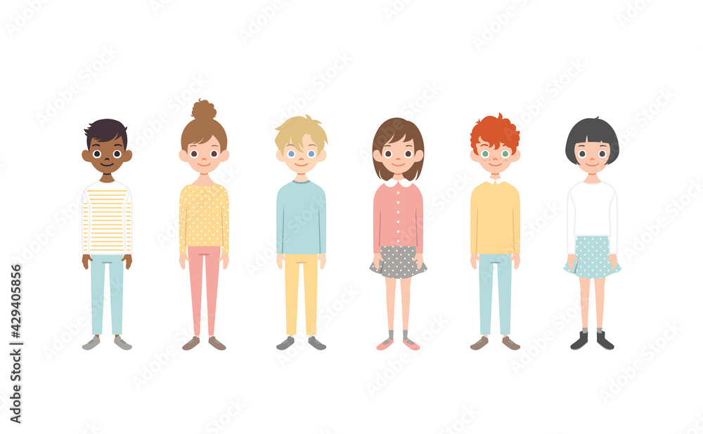 Group of multicultural children flat vector illustration. Young girls ...