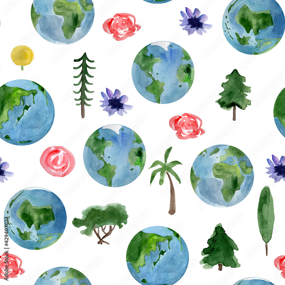 Planet earth among forests watercolor seamless pattern. Template for ...