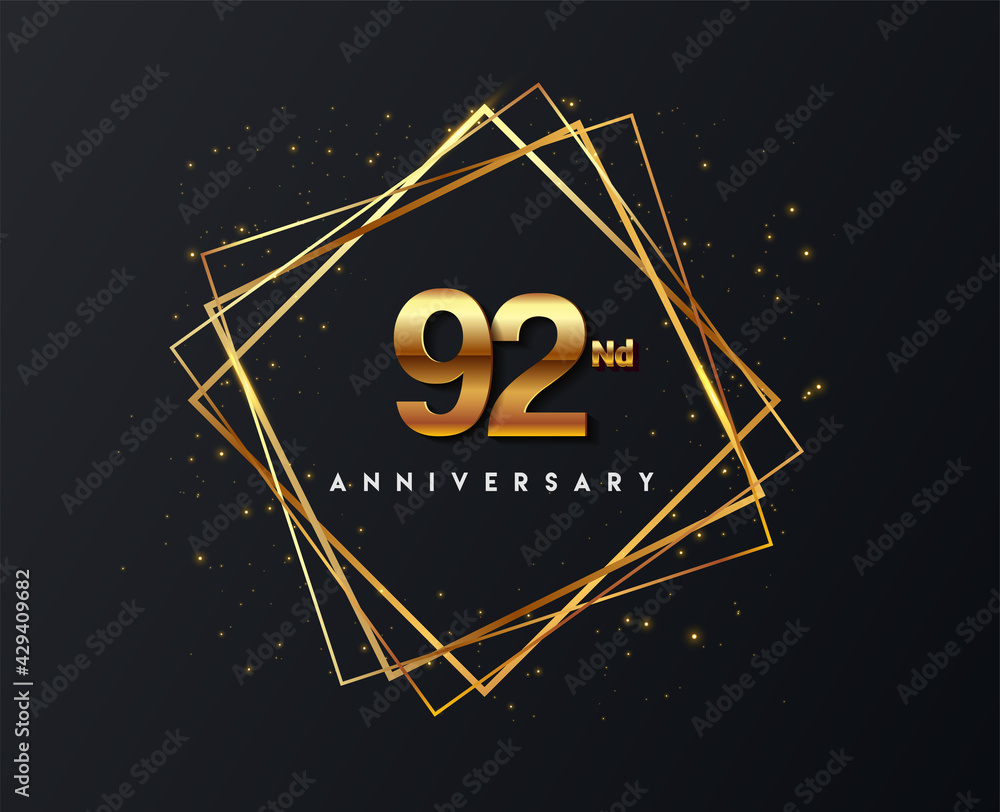 92nd anniversary logo with confetti and golden frame isolated on black ...