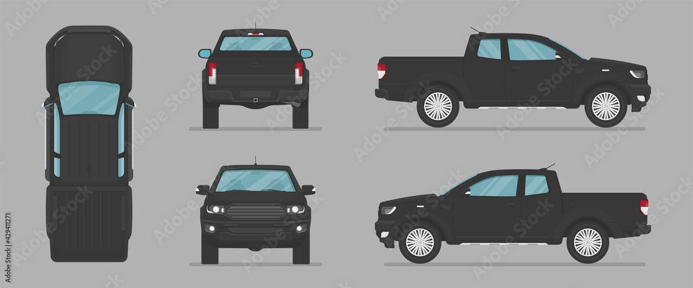 Vector pickup truck. Side view, front view, back view, top view ...