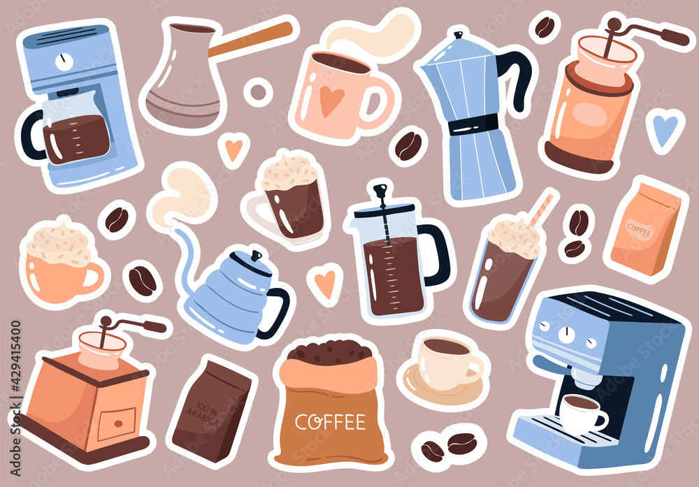 Coffee elements sticker collection. Hand drawn cartoon style vector ...
