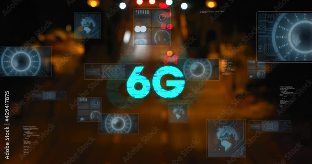 Animation of 6g text, data processing and scopes scanning on screens over out of focus road ...