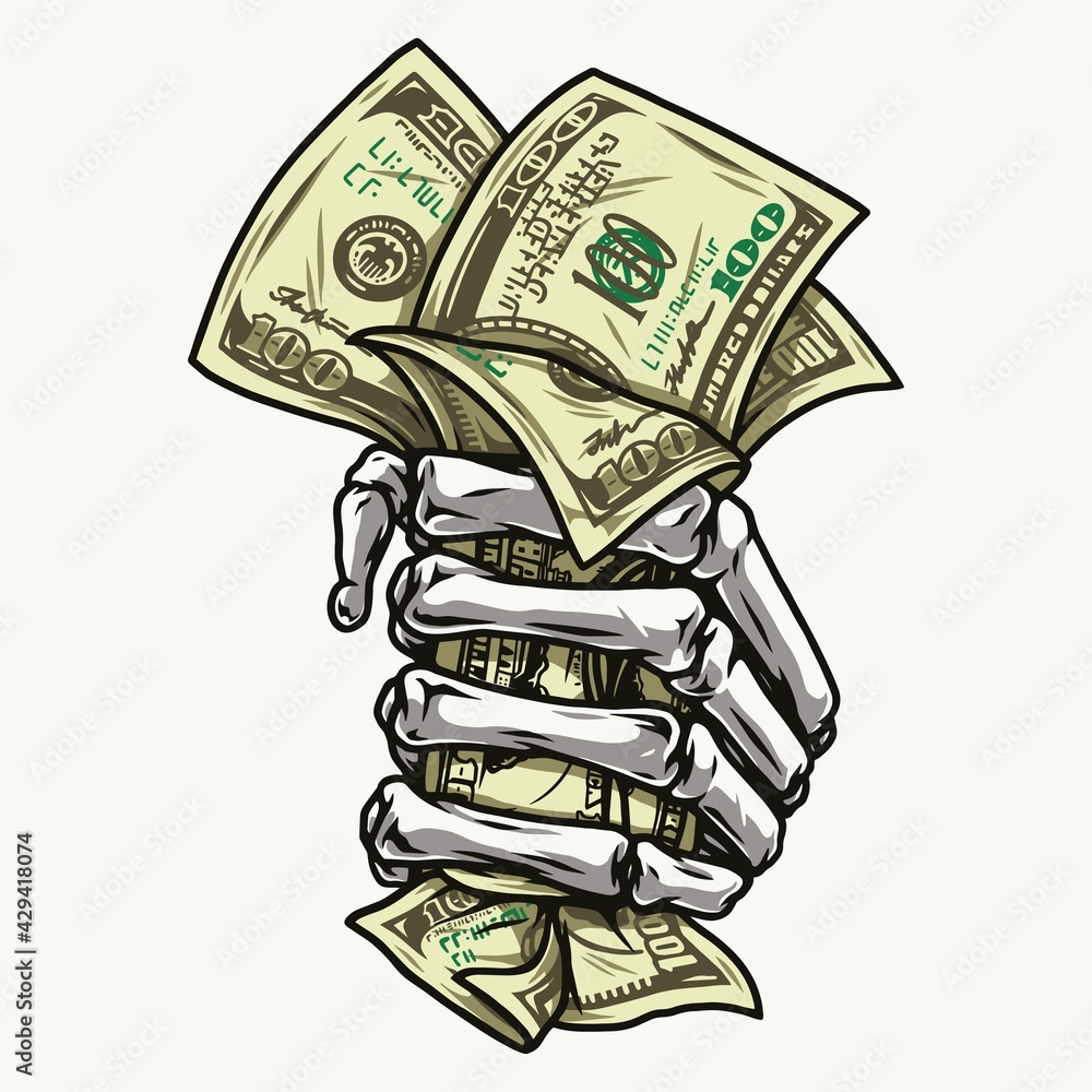 Skeleton hand in fist holding dollar bills Stock Vector | Adobe Stock