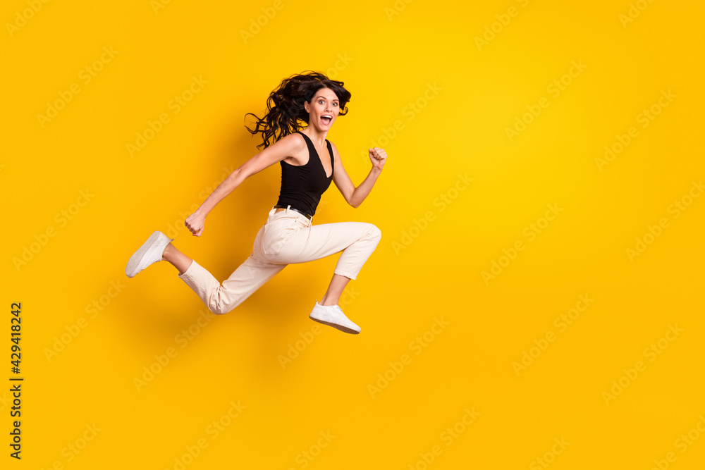 Full length body size side profile photo of woman jumping running ...
