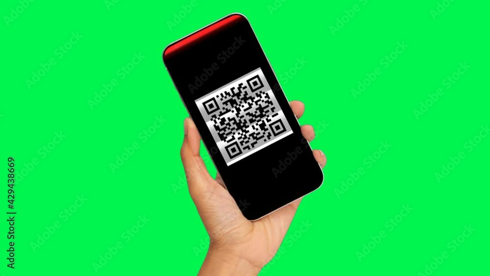 hand holding a smartphone with a QR code reading on the screen, green ...