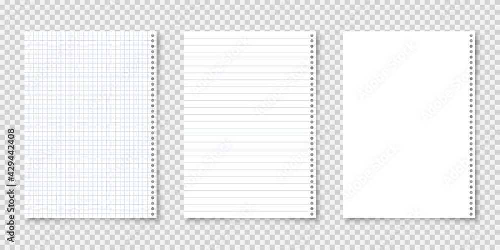 Realistic blank lined paper sheets in A4 format on transparent ...