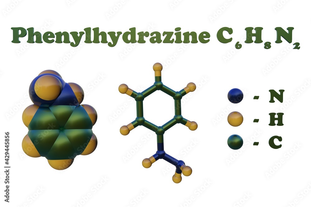 Structural chemical formula and molecular model of phenylhydrazine, a ...