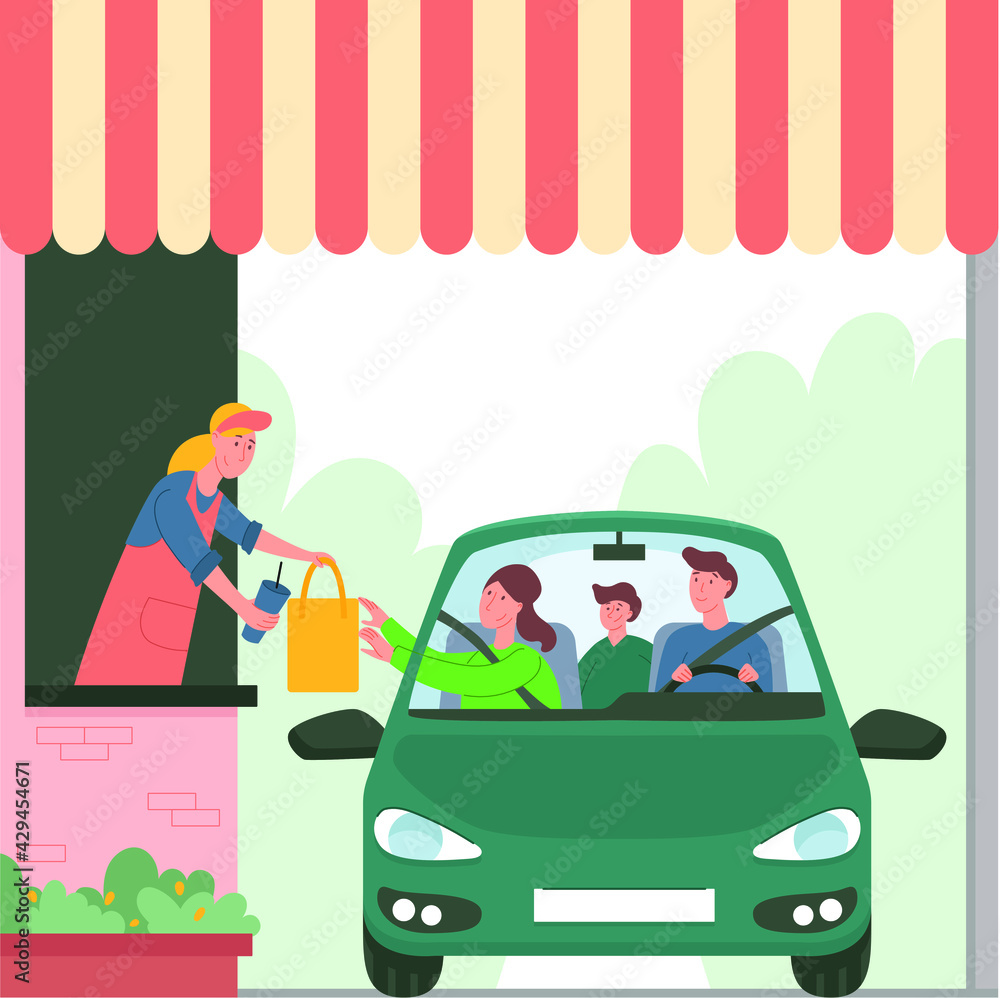 Drive thru fast food restaurant. Employee worker serving customer or ...