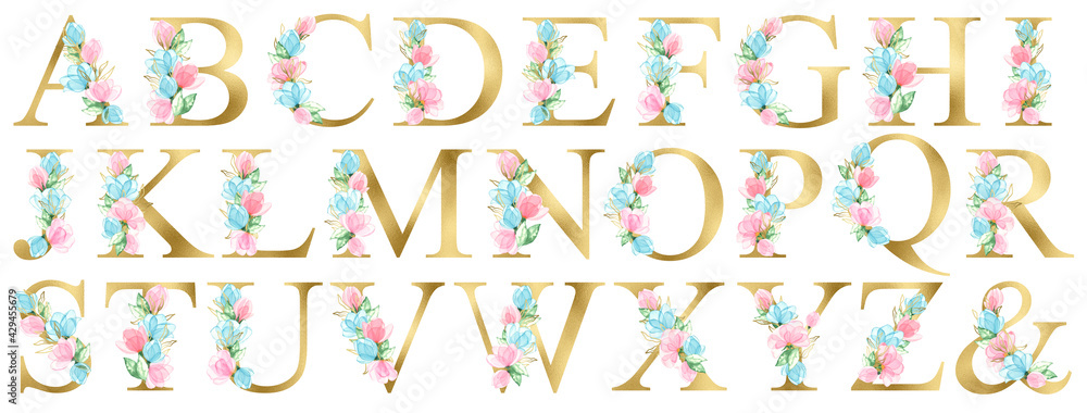 Watercolor Gold Floral Alphabet Set with pink and blue flowers with ...