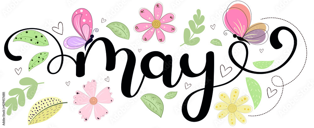 Hello May. MAY month vector with flowers, butterfly and leaves ...