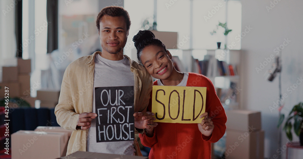 Moving House. Real Estate Happy Modern Afro-american Couple Moving Out ...