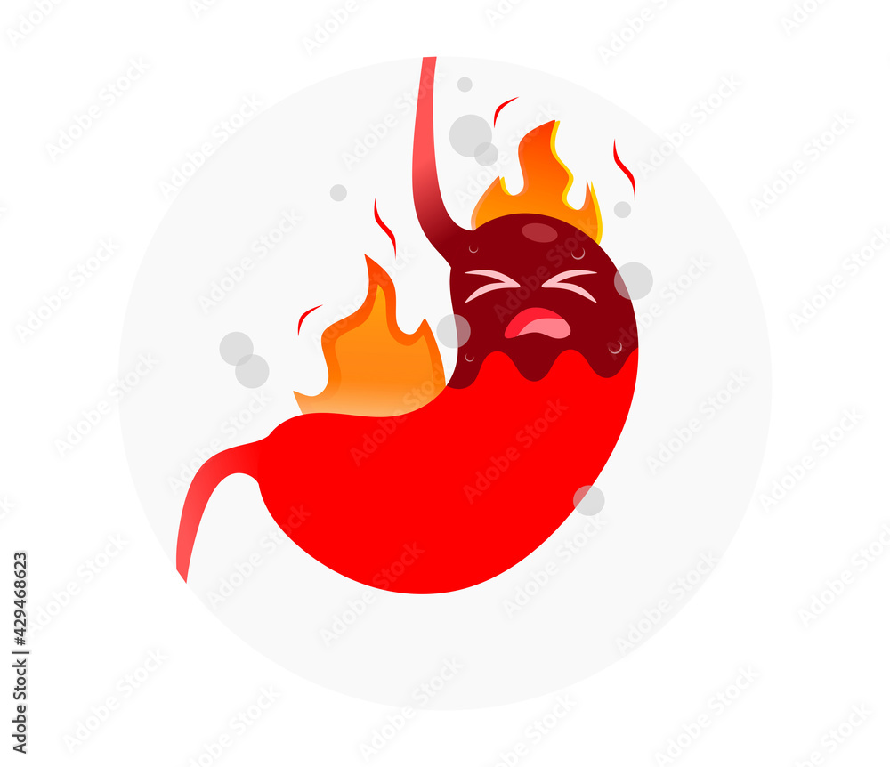 Cartoon stomach suffering acid reflux. Burning like a fire from ...