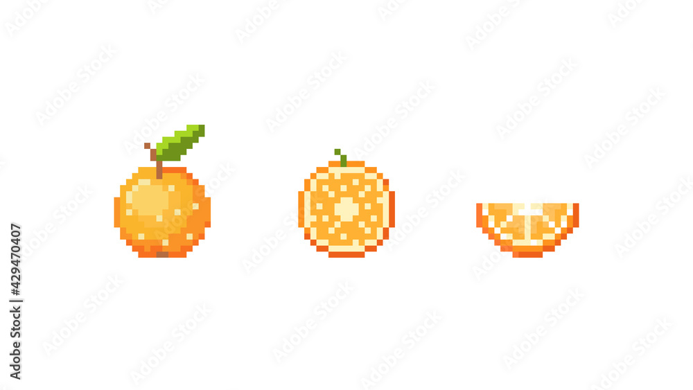 Pixel orange illustration set. Vector pixel orange, half orange and ...