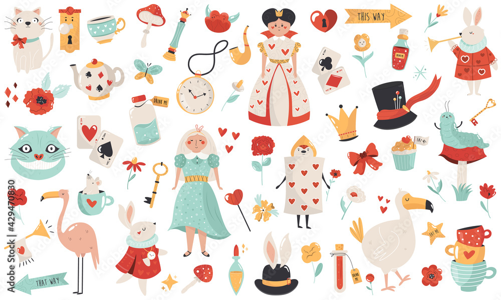 Big collection with symbols and characters of Alice in Wonderland ...