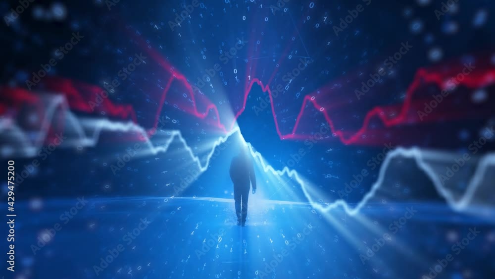 Modern virtual man standing in futuristic business network. Dark blue ...