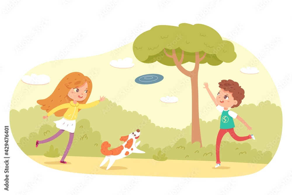 Children playing with frisbee in park or playground. Happy kids doing ...