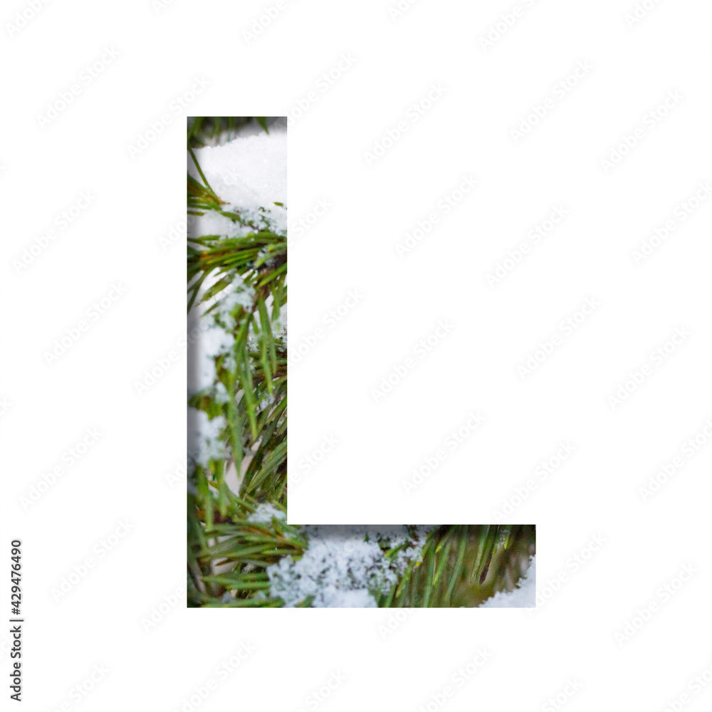 Winter font. Letter L, cut out of paper against the background of ...