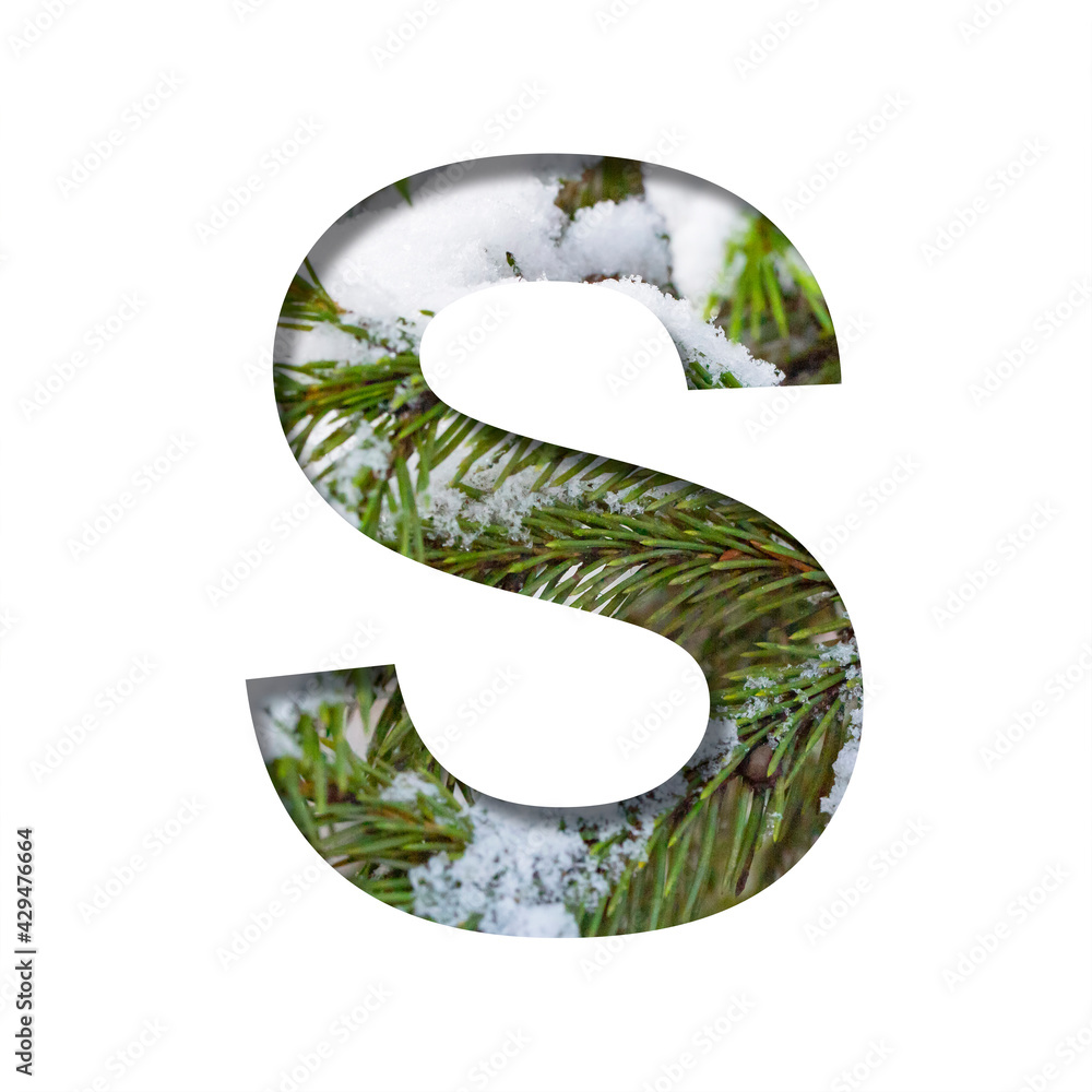 Winter font. Letter S, cut out of paper against the background of ...