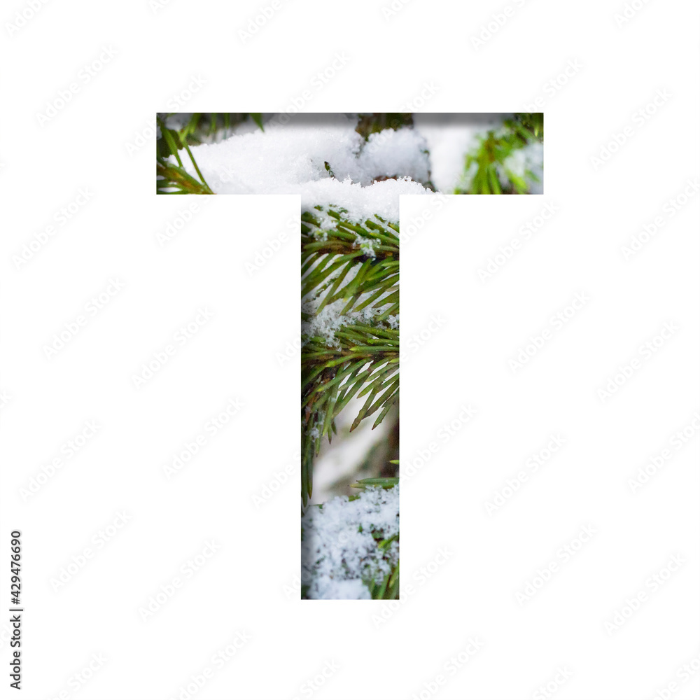Winter font. Letter T, cut out of paper against the background of ...