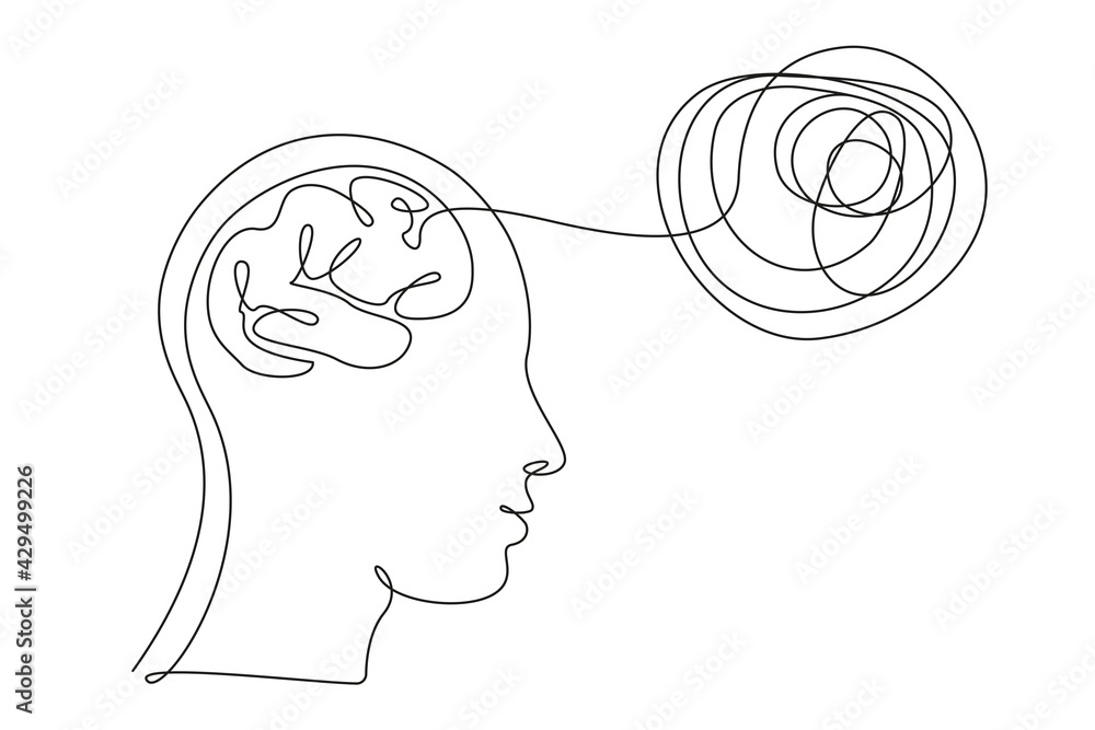 Concept of bad mental health. Human head with brain and thoughts in one ...