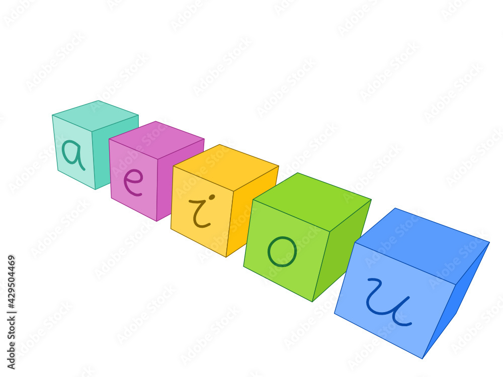 aeiou vowels on baby block toys, vector. colorful 3d cubes with ...
