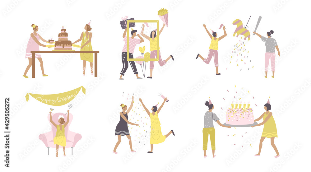 Party scenes set with happy people characters. Friends drinking and ...