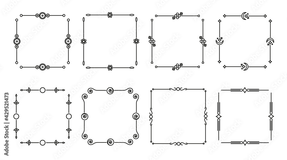 Flower and leaf vector line frames square, dividers on isolated white ...