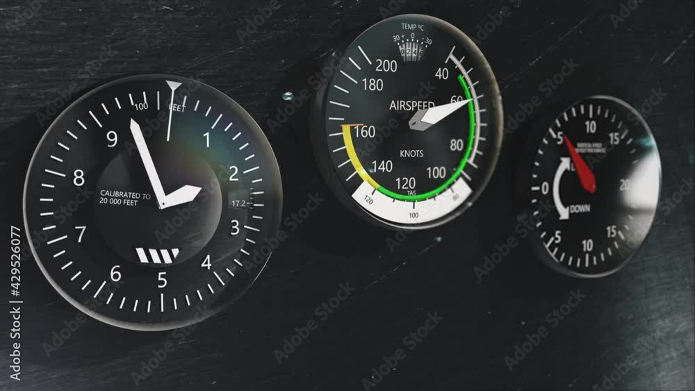 Flight instruments dashboard. Plane’s dashboard with airspeed, vertical ...