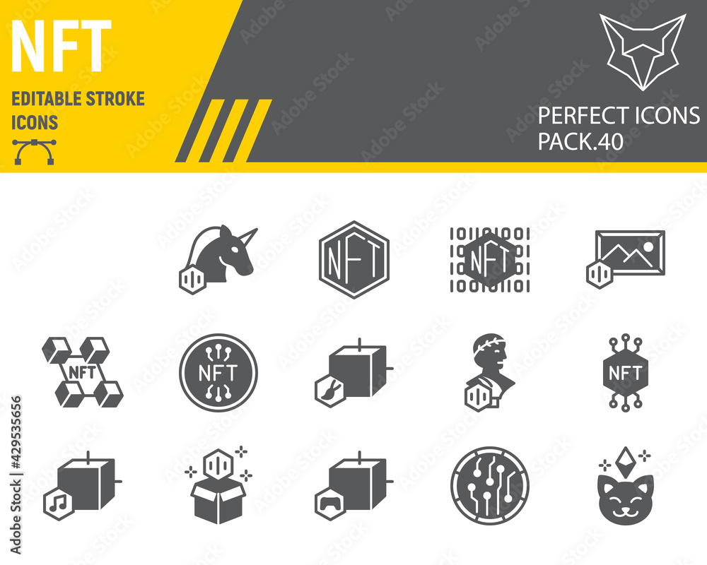 NFT glyph icon set, non fungible token collection, vector graphics, logo illustrations, NFT ...