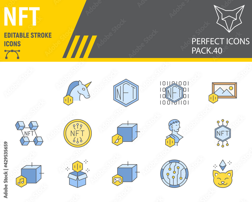 NFT color line icon set, non fungible token collection, vector graphics ...