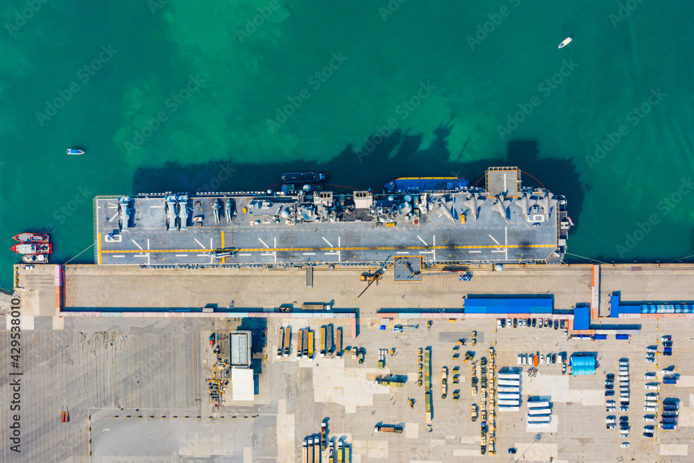 Navy aircraft carrier on the open sea Aerial top view of battleship ...