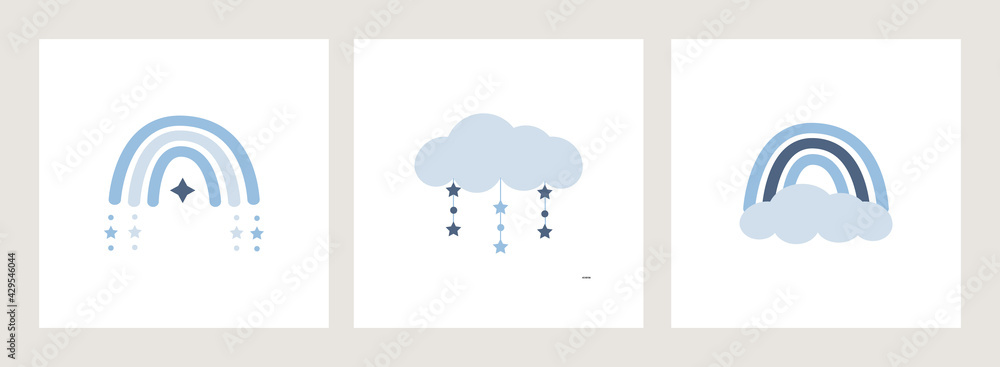 Scandinavian boho rainbows and clouds set of cards in pastel blue ...