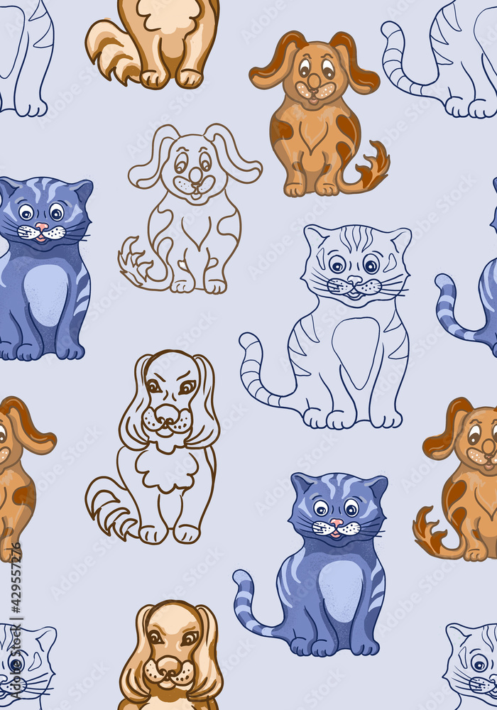 Cat dog cute cartoon childrens hand drawn illustration. Patern seamless ...