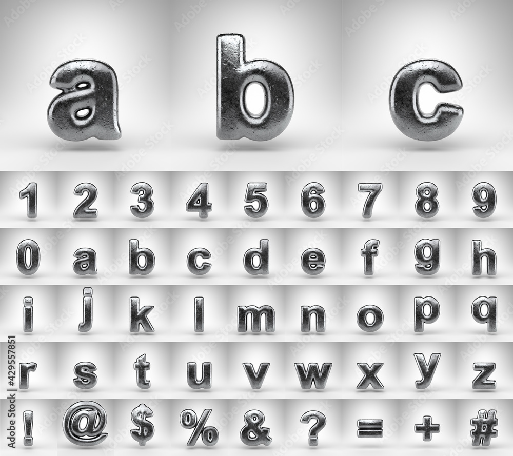 Iron alphabet on white background. 3D letters numbers and font symbols ...