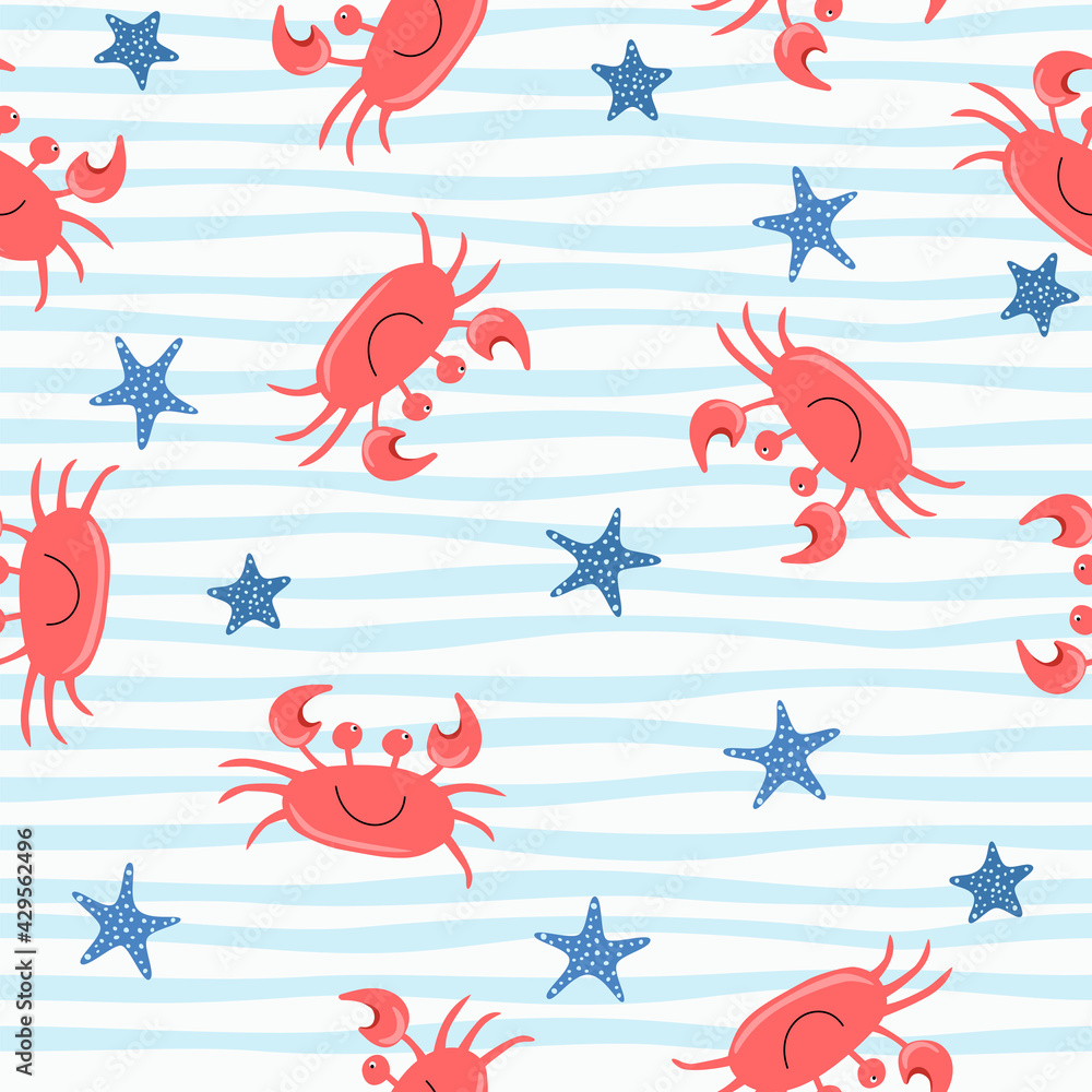 Seamless cute crab pattern, cartoon hand drawn animal doodles vector ...